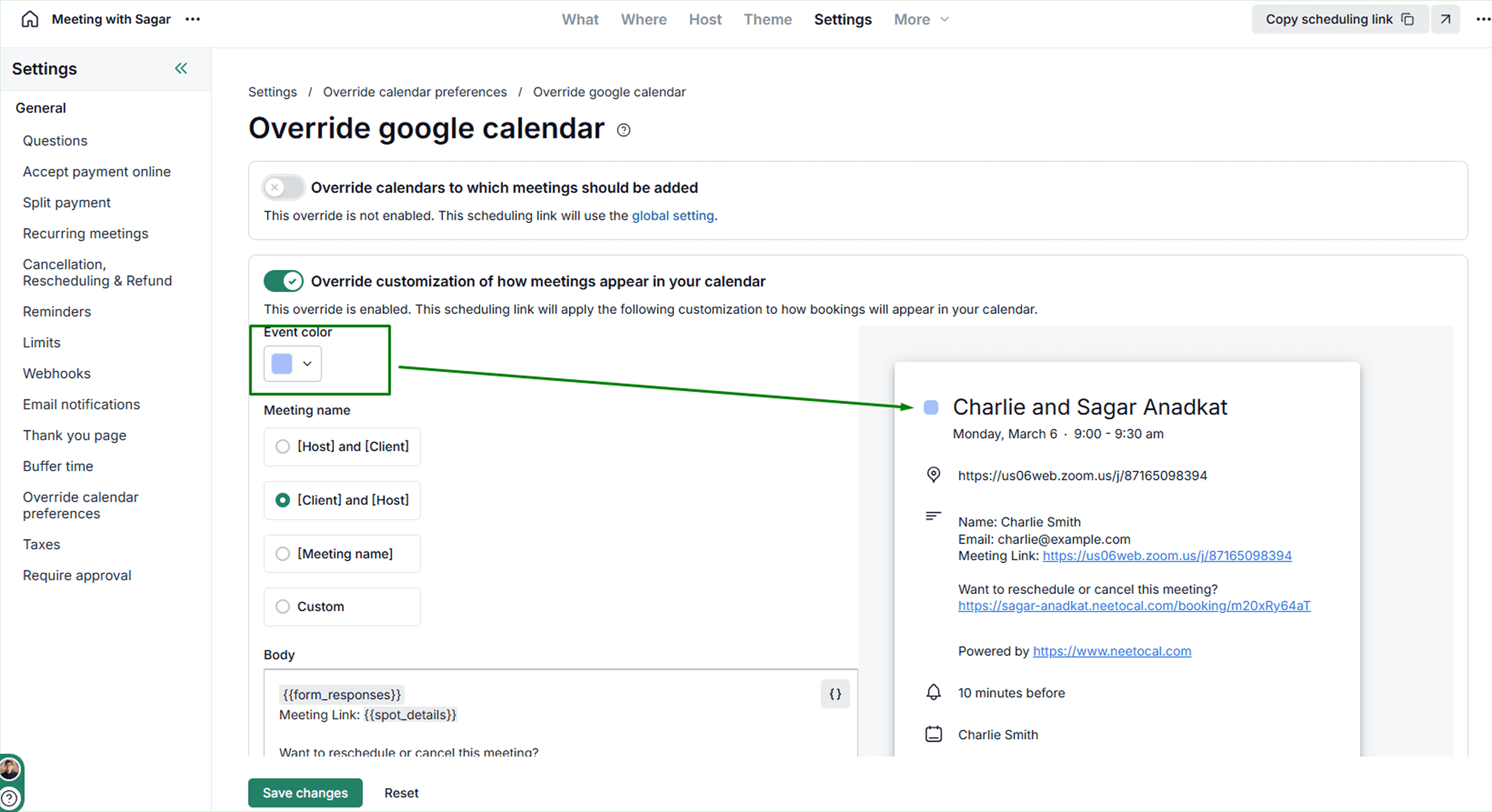 Override calendar preferences | NeetoCal